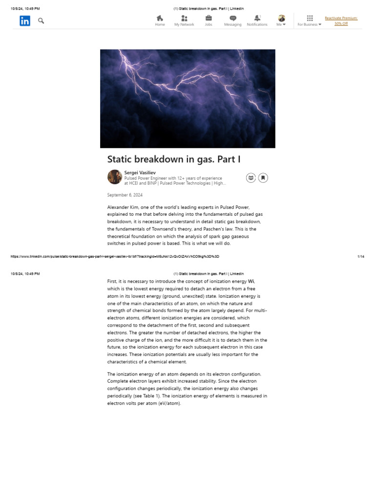 Static Breakdown in Gas. Part I - LinkedIn | PDF | Ionization | Electron