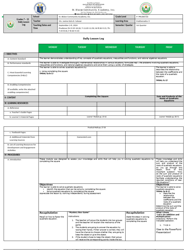 WEEK 6-DLL- 9-Math | PDF