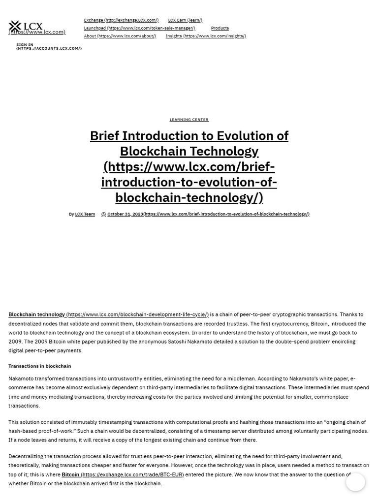 Brief Introduction To Evolution Of Blockchain Technology Lcx Pdf