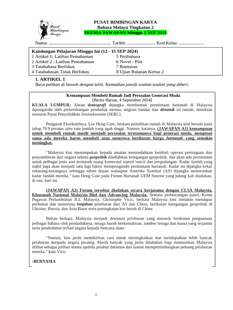 SKEMA JAWAPAN BM T2 SEP M2 | PDF