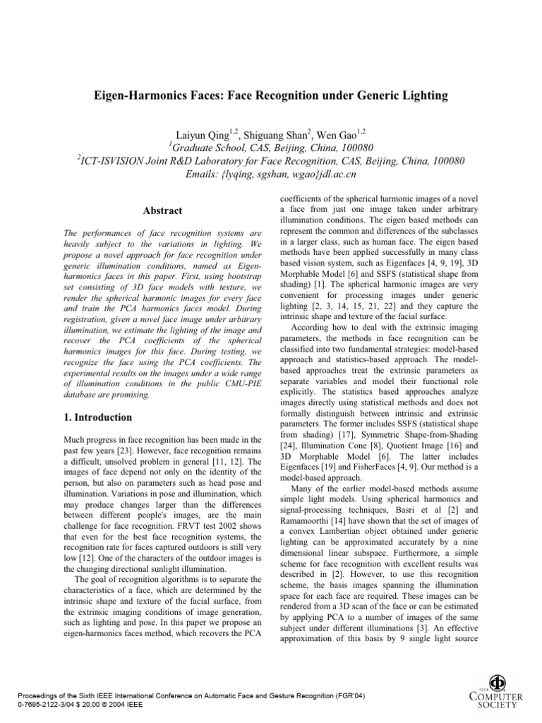Eigenharmonics Faces Face Recognition Under Generic Lighting | PDF | Eigenvalues And ...