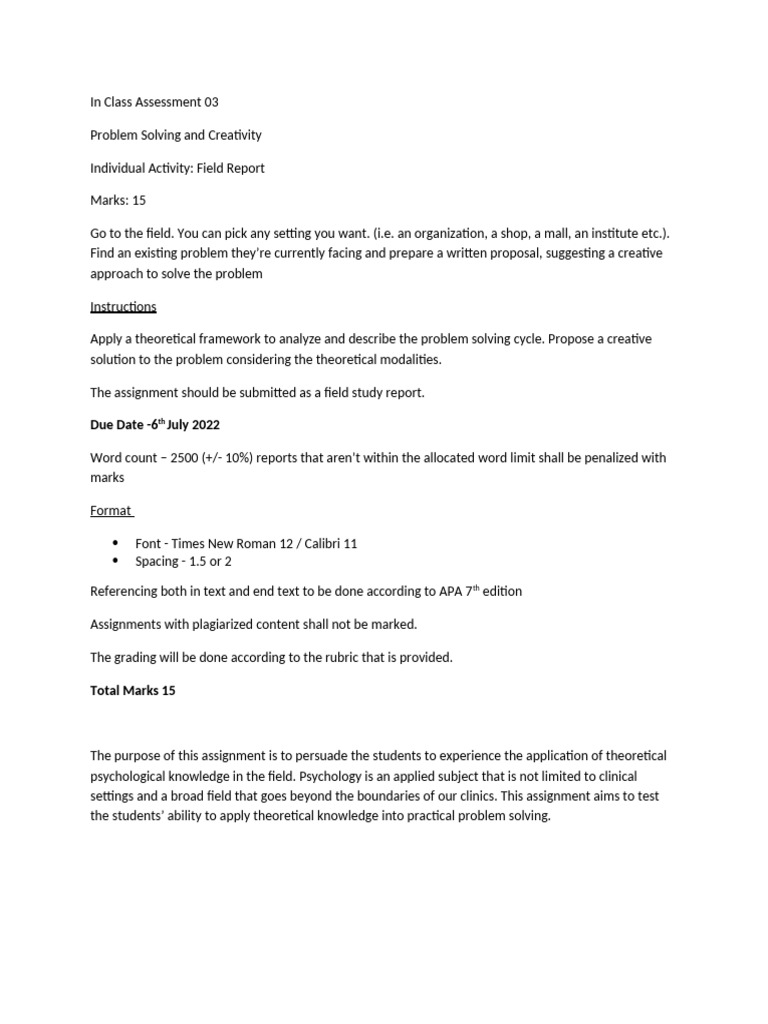 In Class Assessment 3 Problem Solving and Creativity | PDF