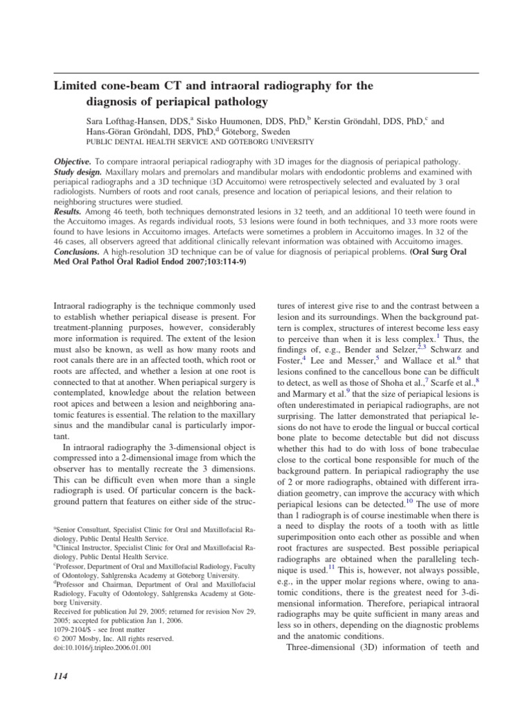 Limited Cone Beam CT and Intraoral Radiography For The Diagnosis of ...