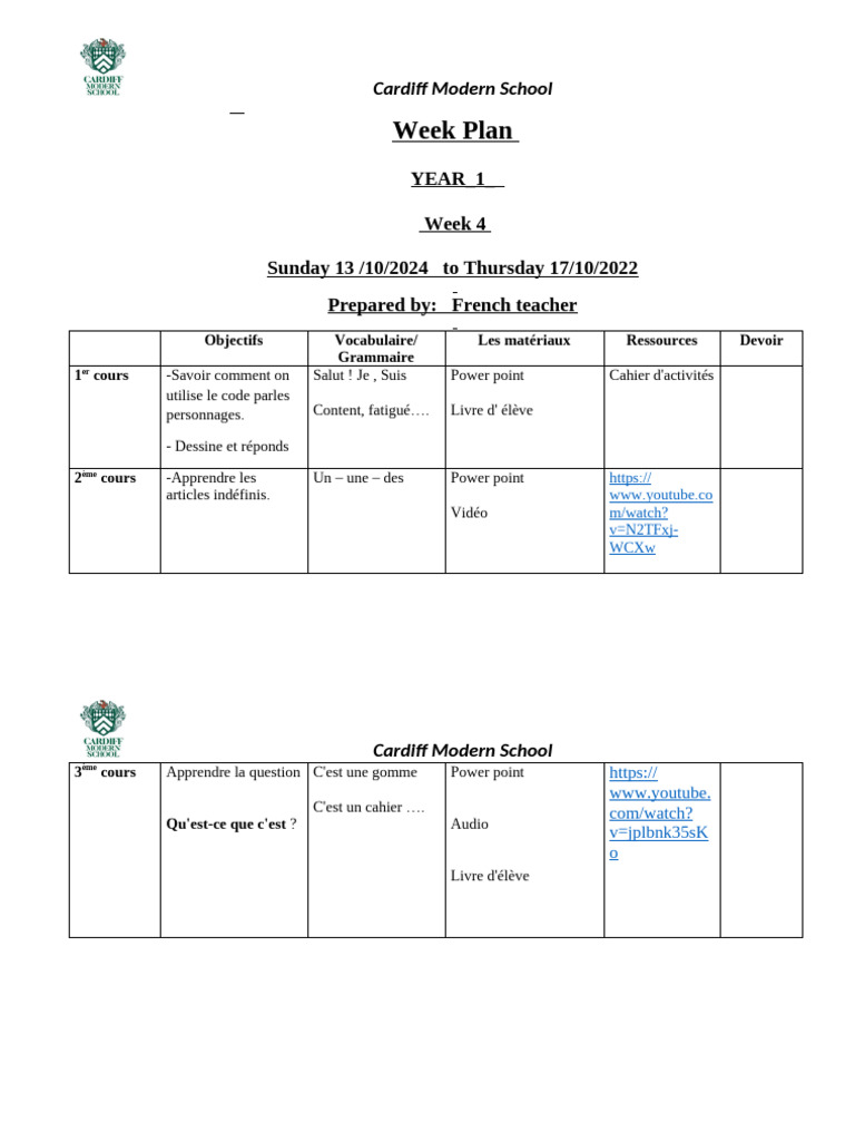 Week 4 Week Plan y 1 | PDF