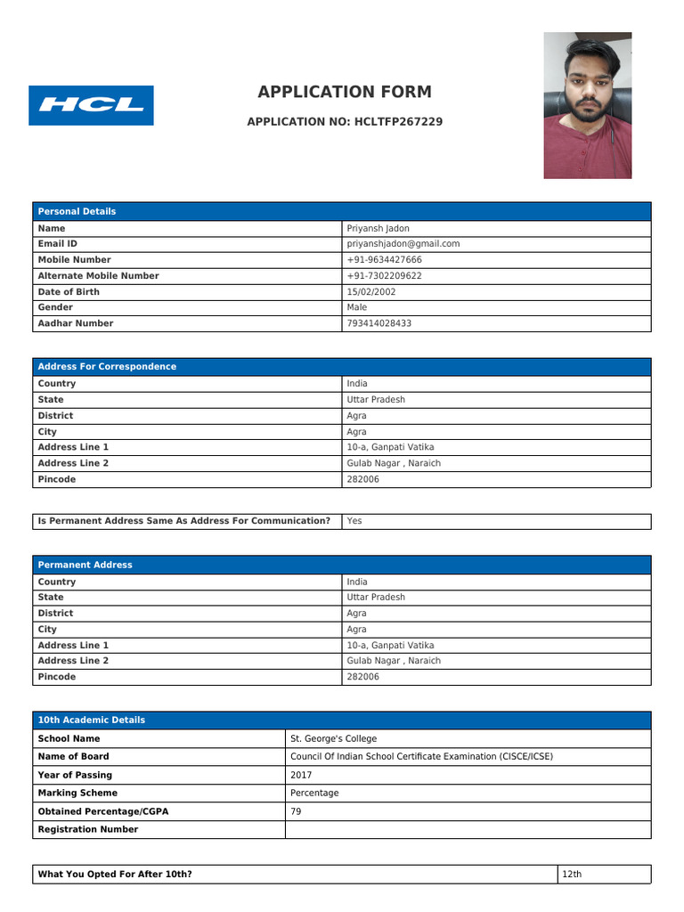 Application Form HCLTFP267229 | PDF