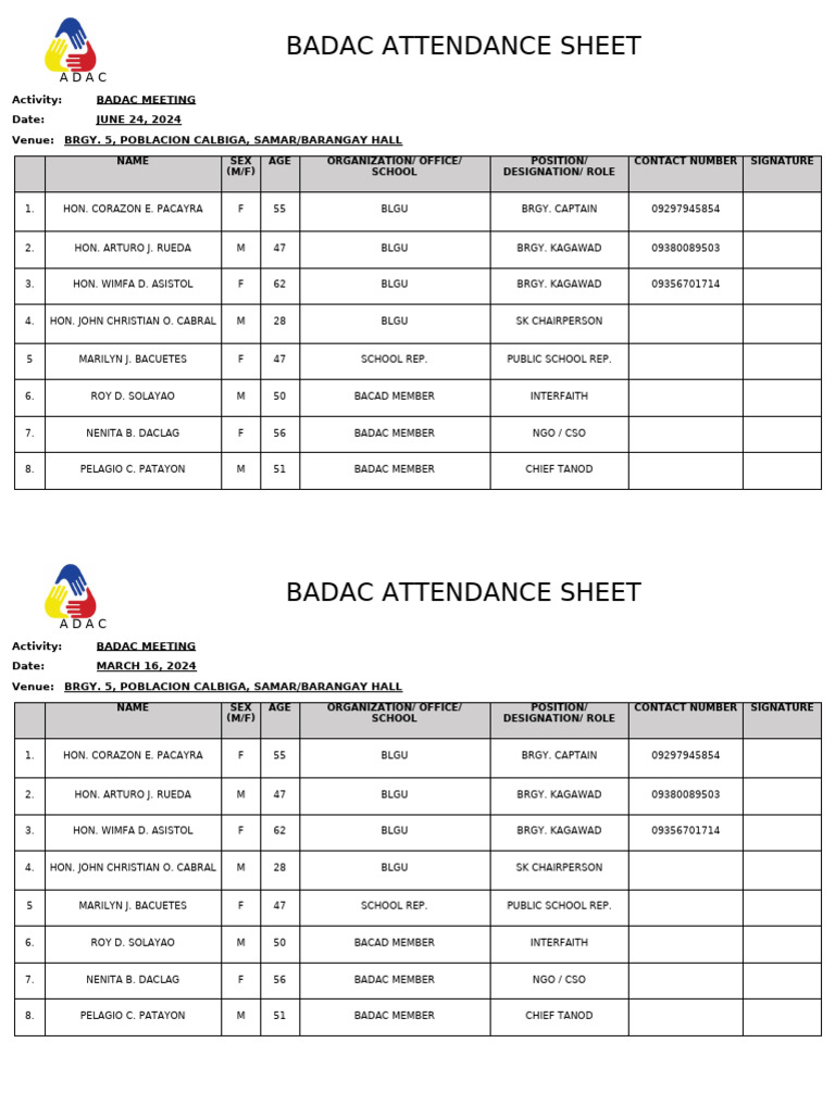 Badac Attendance Sheet | PDF