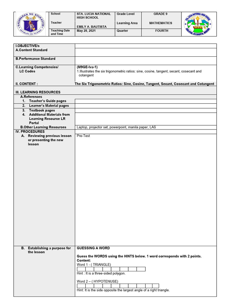 Sample Lesson Plan For CO Math | PDF | Trigonometric Functions ...