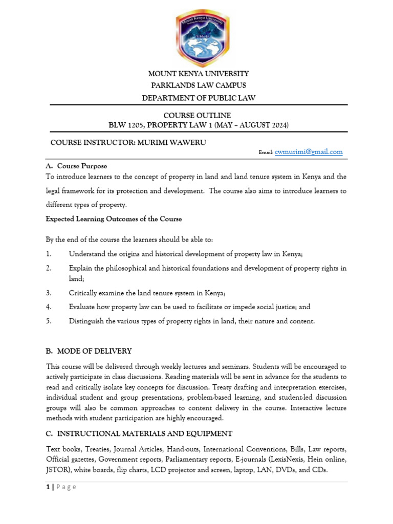 Course Outline Property Law 1 | PDF | Property | Lecture