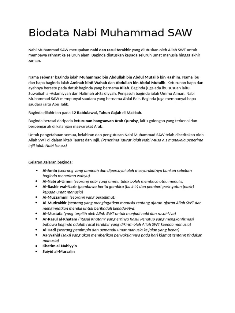 Biodata Nabi Muhammad SAW | PDF