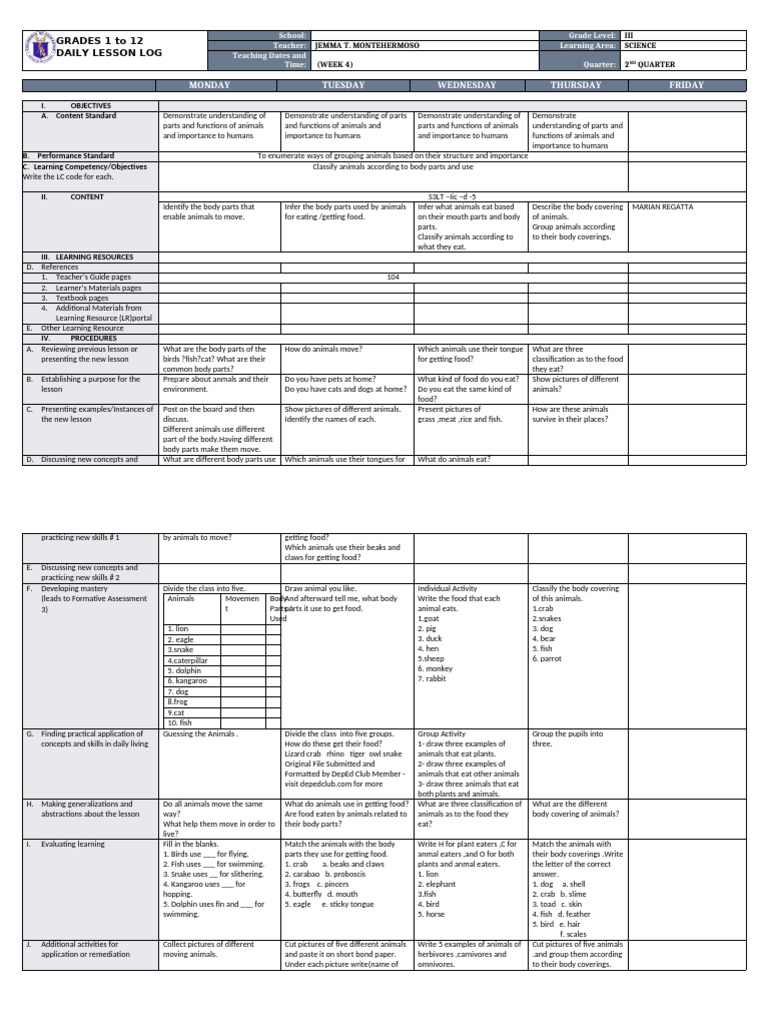 DLL - Science 3 - Q2 - W4 | PDF
