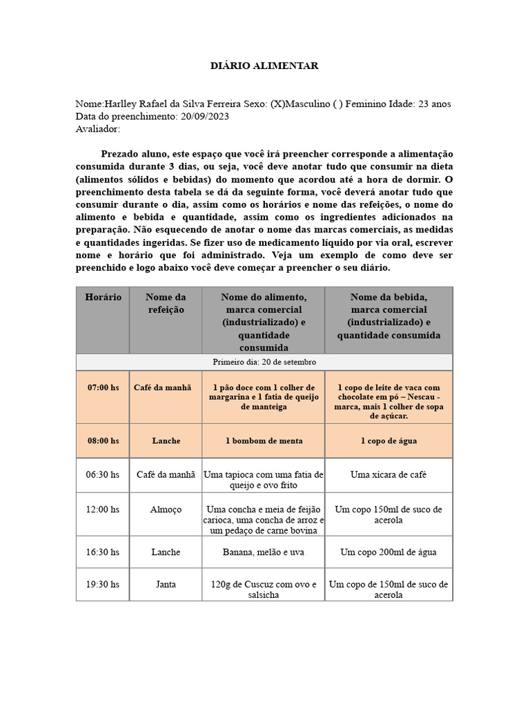 Diário Alimentar - Prática de Dieta, Nutrição e Cárie | PDF