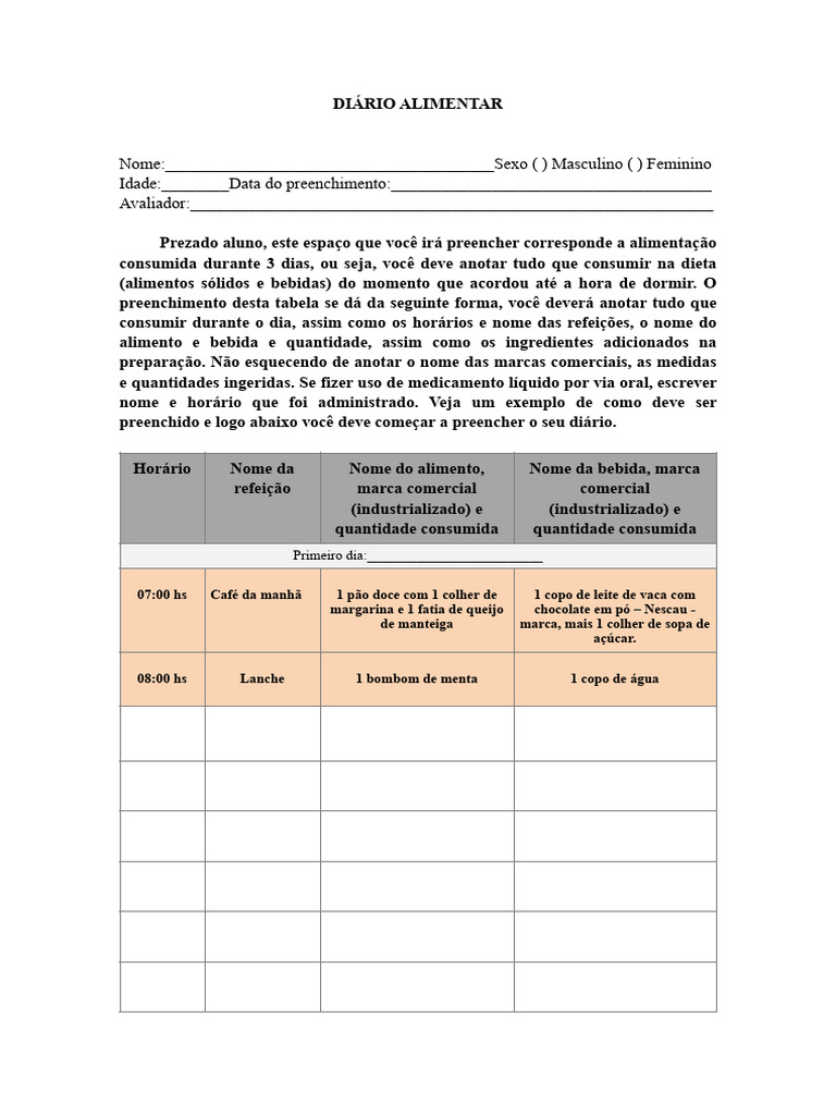 Diário Alimentar - Prática de Dieta, Nutrição e Cárie | PDF