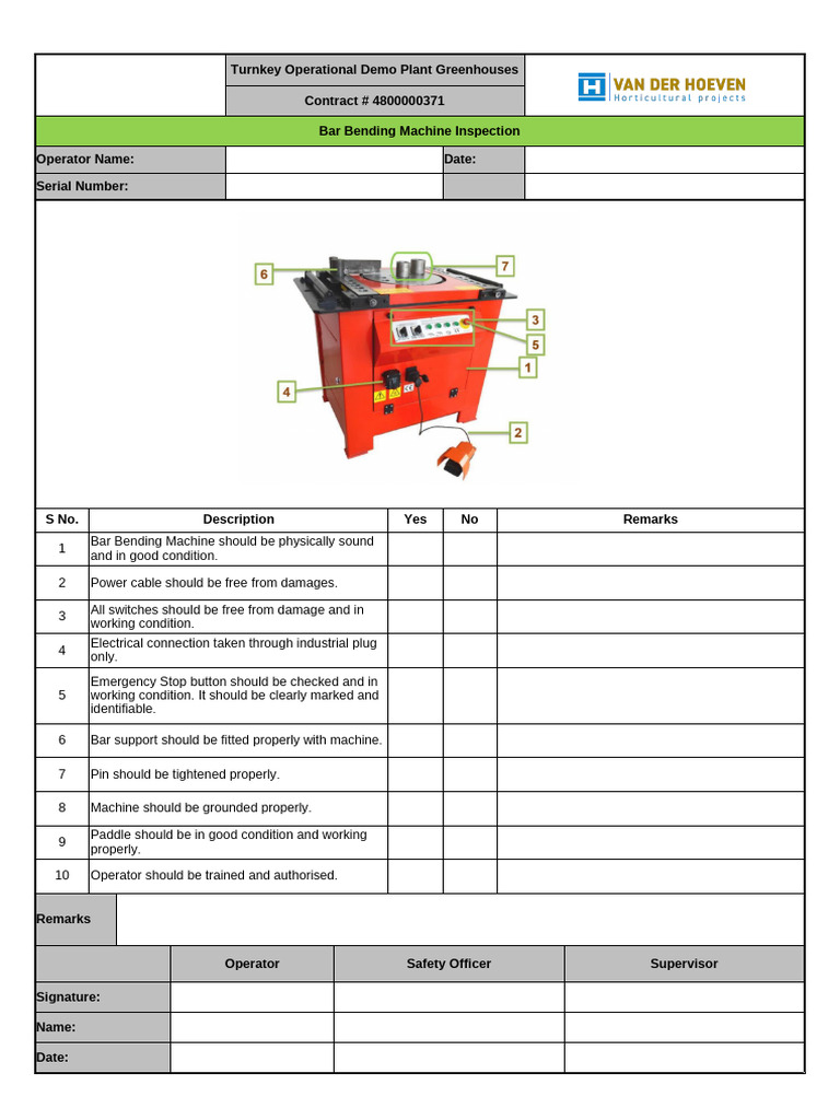 Bar Bending Machine Safety Checklist | PDF | Computers