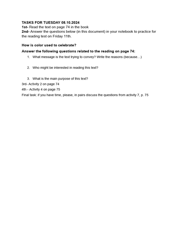 Tasks Tuesday Oct 8 | PDF