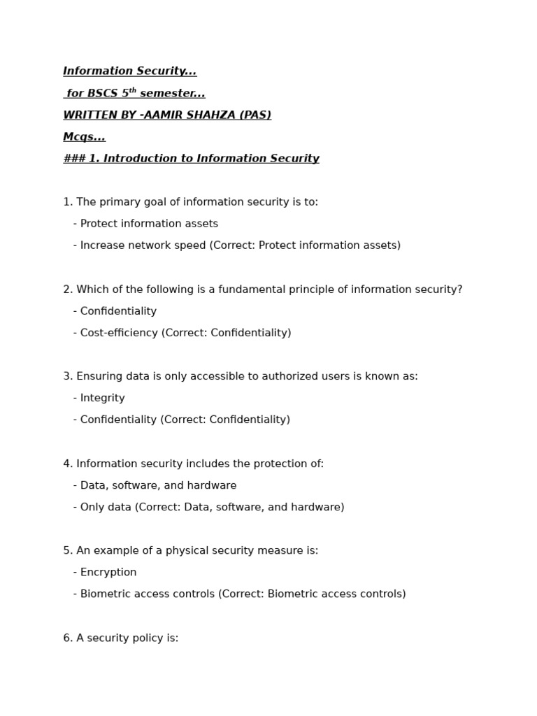 Information Security Mcqs BSCS | PDF