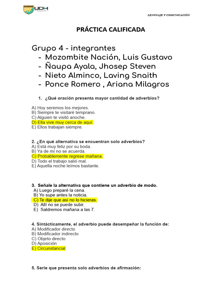 Práctica Grupal - Semana 12 | PDF | Adverbio