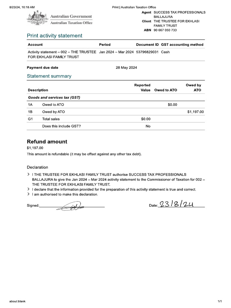 10 BAS Declaration Jan-Mar 2024 Ekhlasi Family Trust | PDF