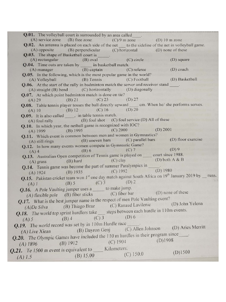 PPSC Physical Education Practice Test 22 With Key | PDF