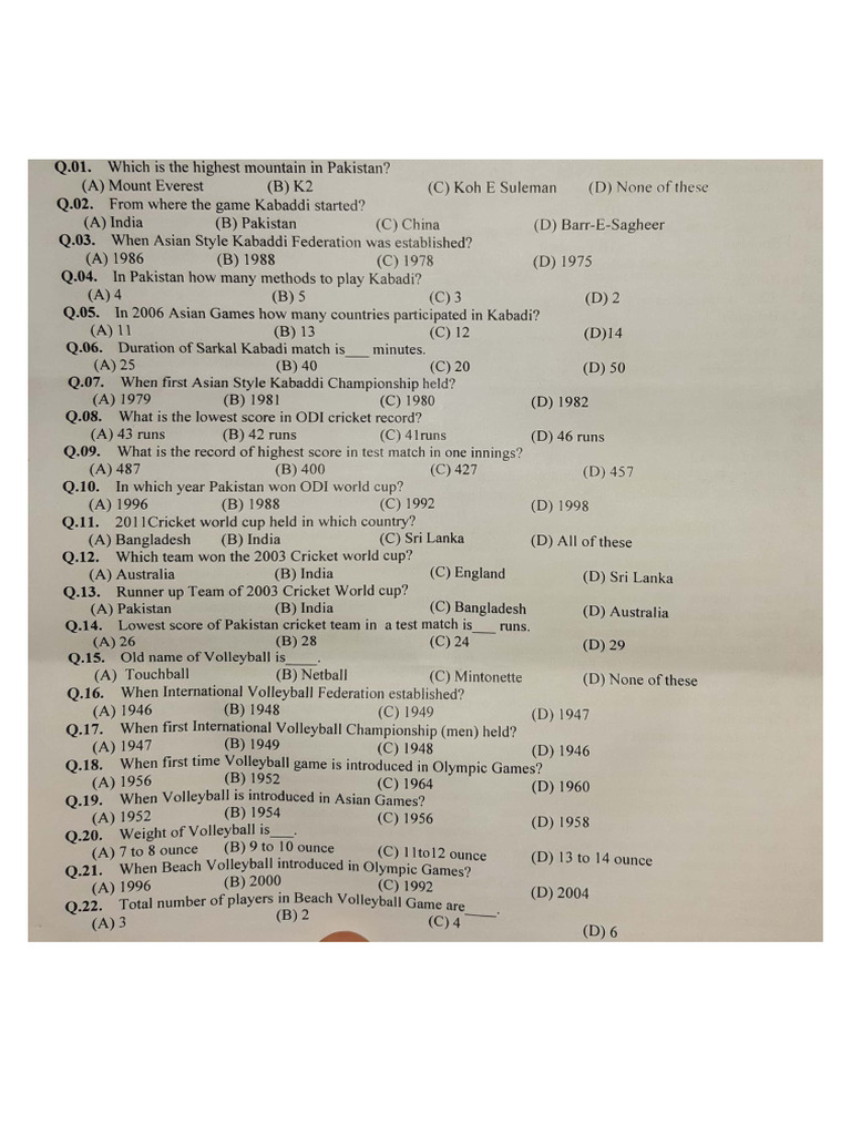 PPSC Physical Education Practice Test 19 With Key | PDF