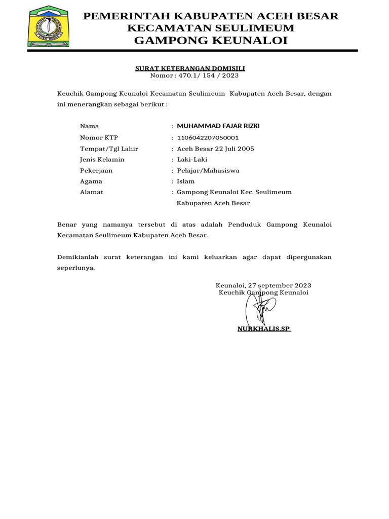 Surat Keterangan Domisili M Fajar Rizki | PDF