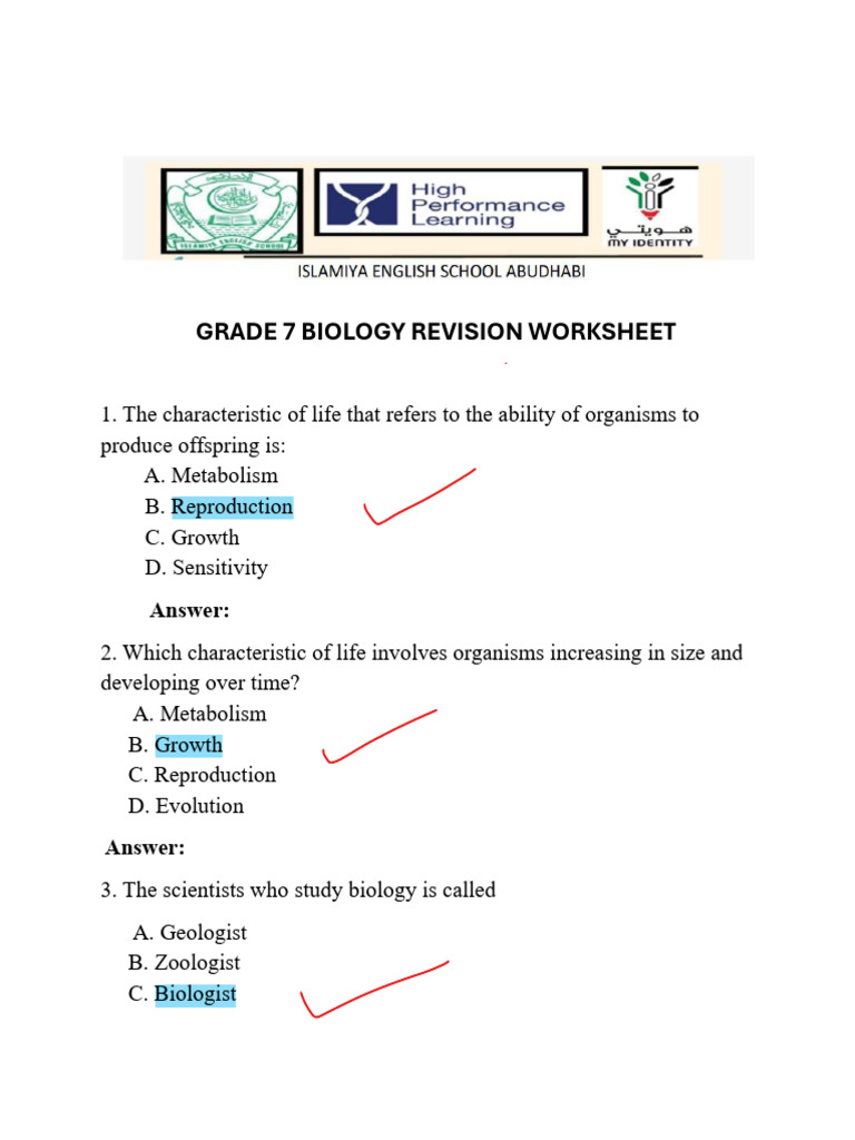 Grade 7 Biology-Revision Worksheet | PDF