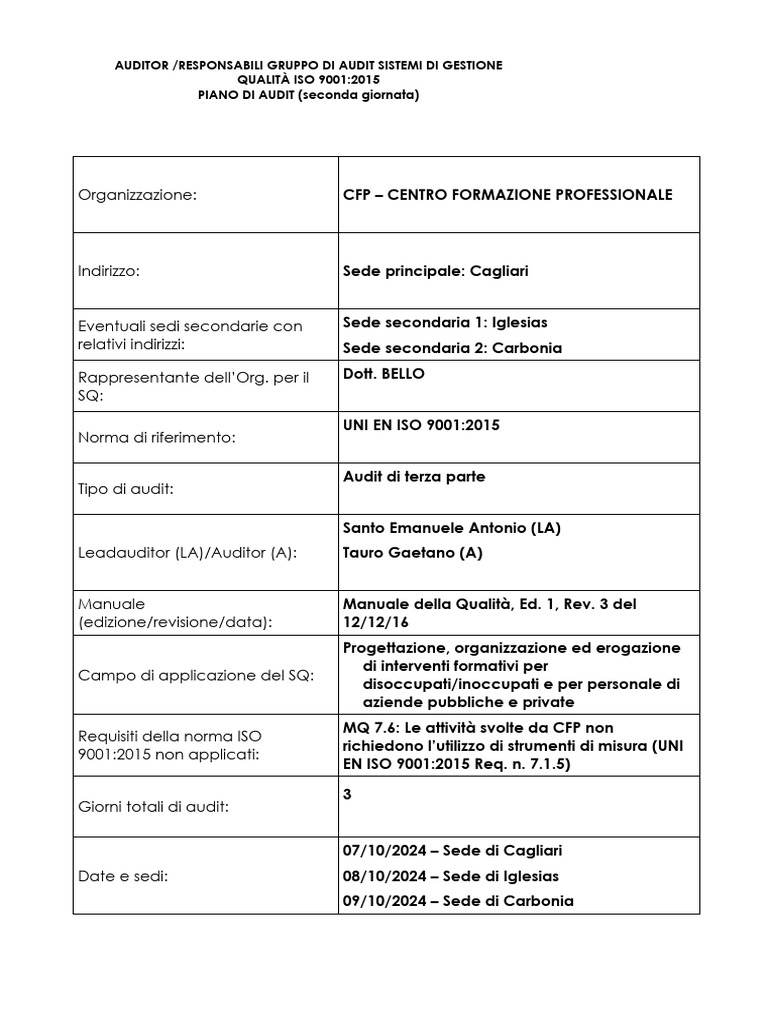 Allegato A - PIANO AUDIT - Esercitazione N. 3 | PDF