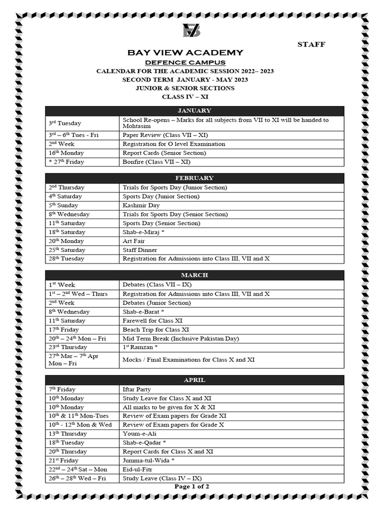 Calendar For The Academic Session Jan To May 2022 - 2023 | PDF