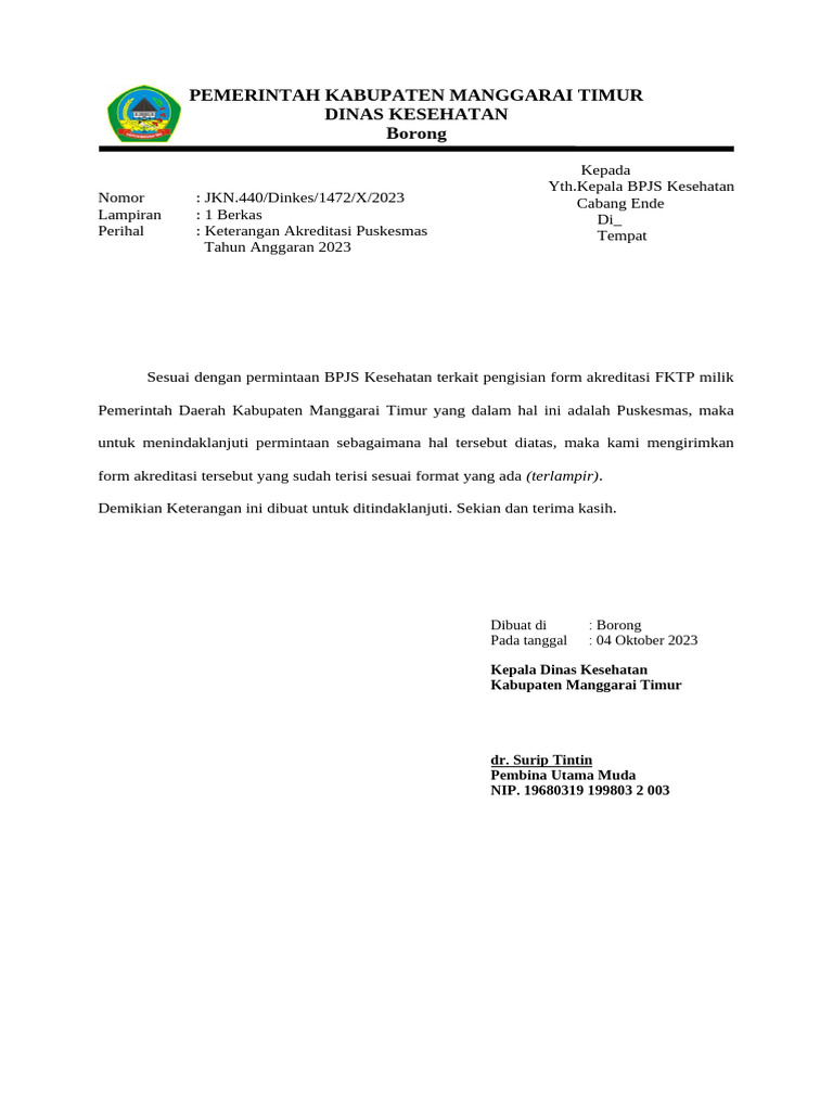 Surat Keterangan Akreditasi FKTP Ke Bpjs | PDF