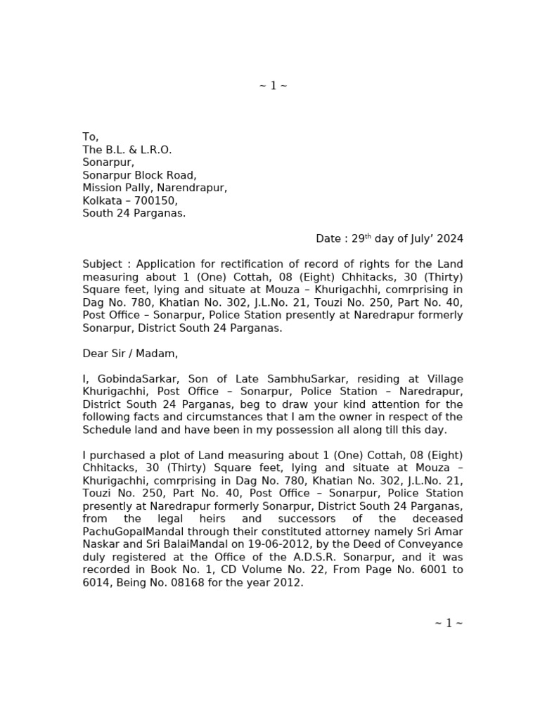 Application for Rectification of Record of Rights - Gobinda Sarkar - July - 2024 | PDF