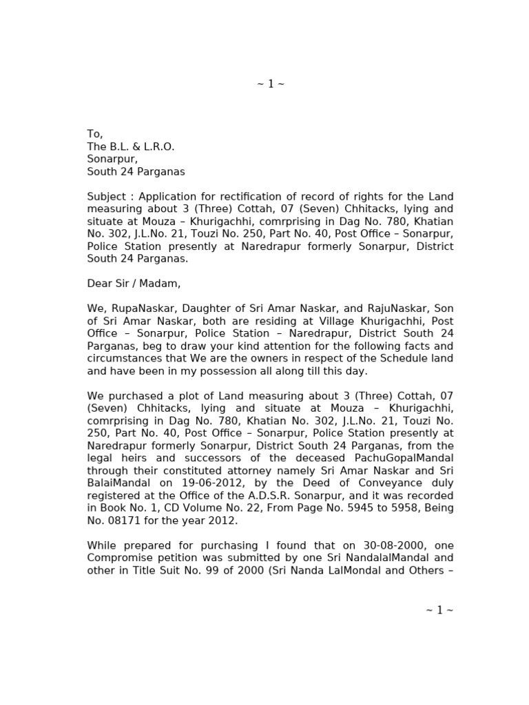 Application For Rectification of Record of Rights - Rupa Naskar and ...