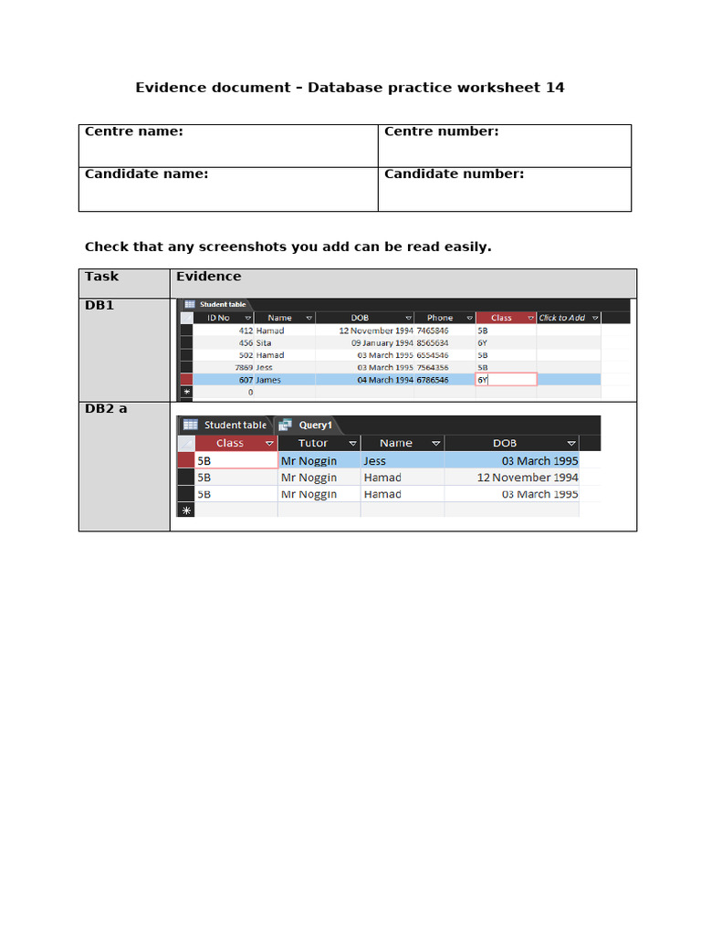 Evidence Document Database Practice Worksheet 14 | PDF