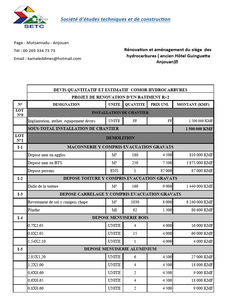 Devis Estimatif Et Quantitatif COMOR HYDROCARBURES 3 | PDF
