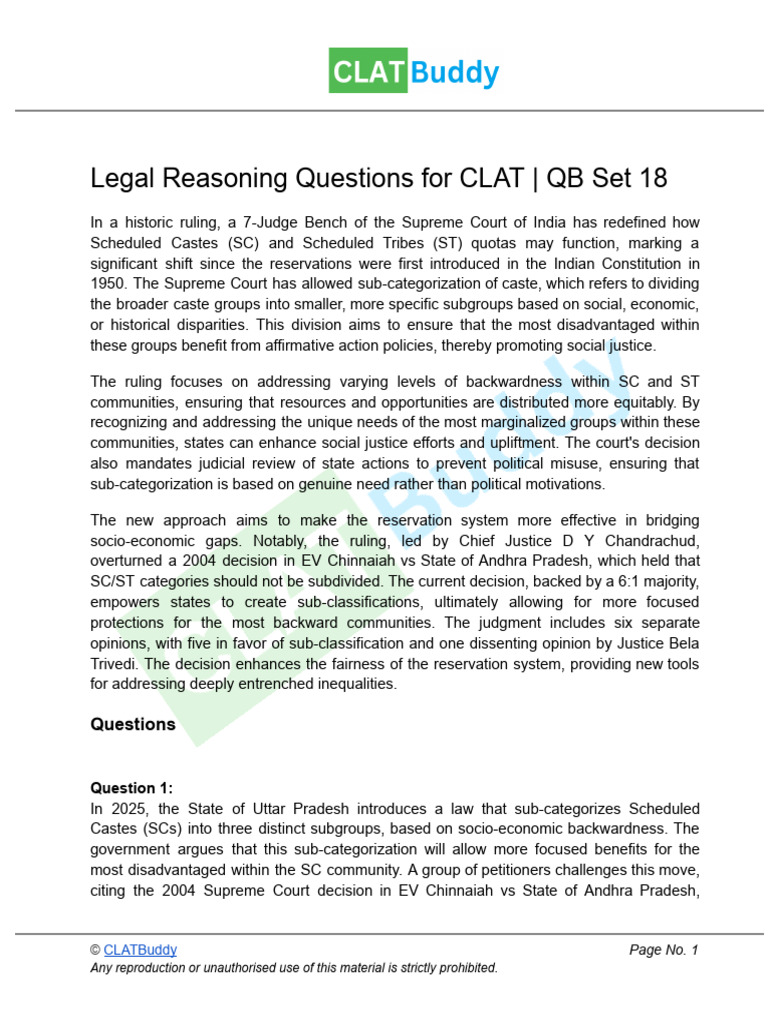 Legal Reasoning Questions For CLAT QB Set 18 | PDF