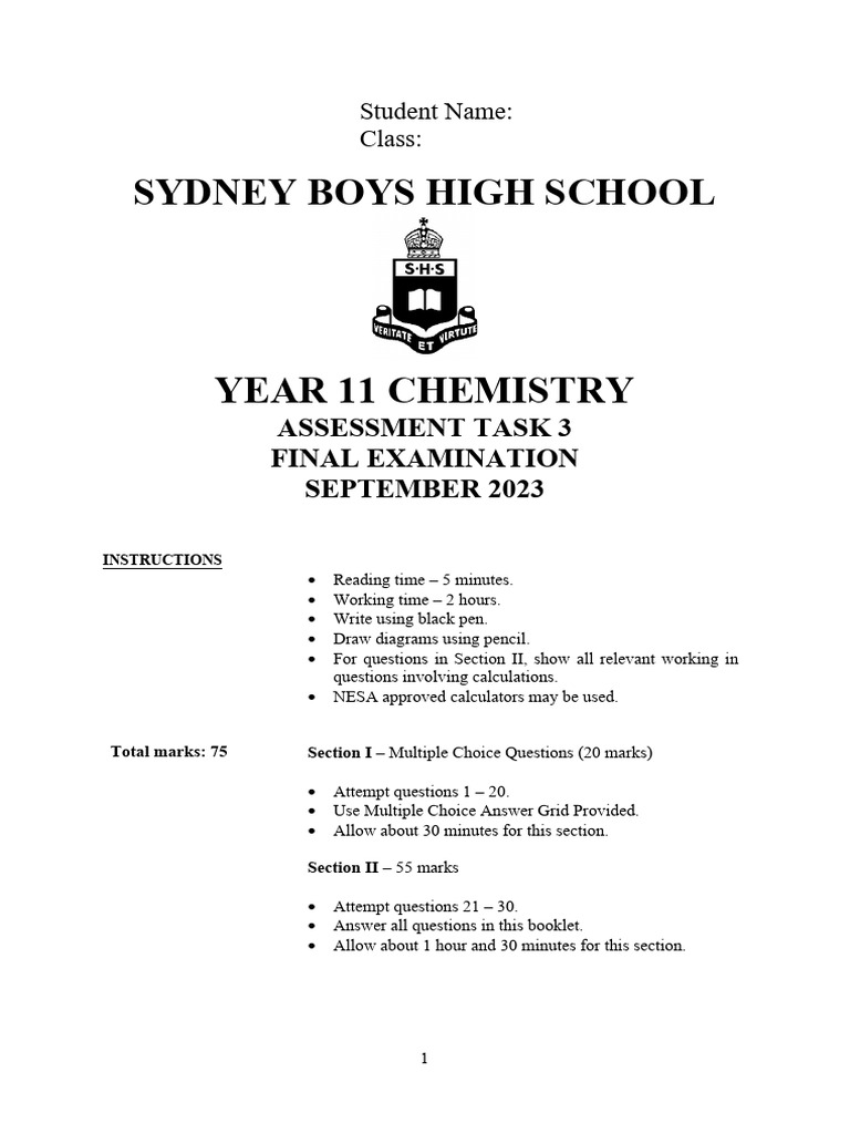 SBHS Y11 Chem Yearly Exam 2023-1 | PDF