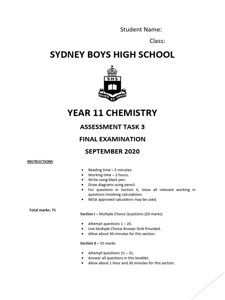 SBHS Y11 Chem Final Assessment 2020 Formatted | PDF