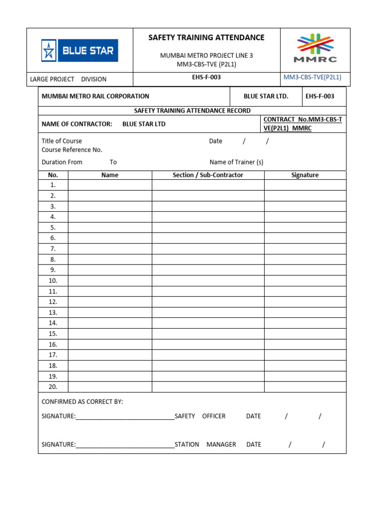 EHS-F-003-Safety Training Attendance Sheet. | PDF | Technology ...