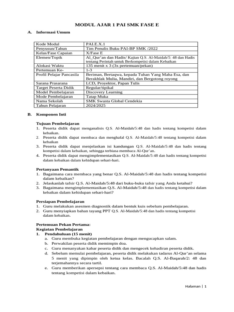MODUL AJAR 1 PAI SMK KELAS X BAB 1 - Oke-Fin | PDF