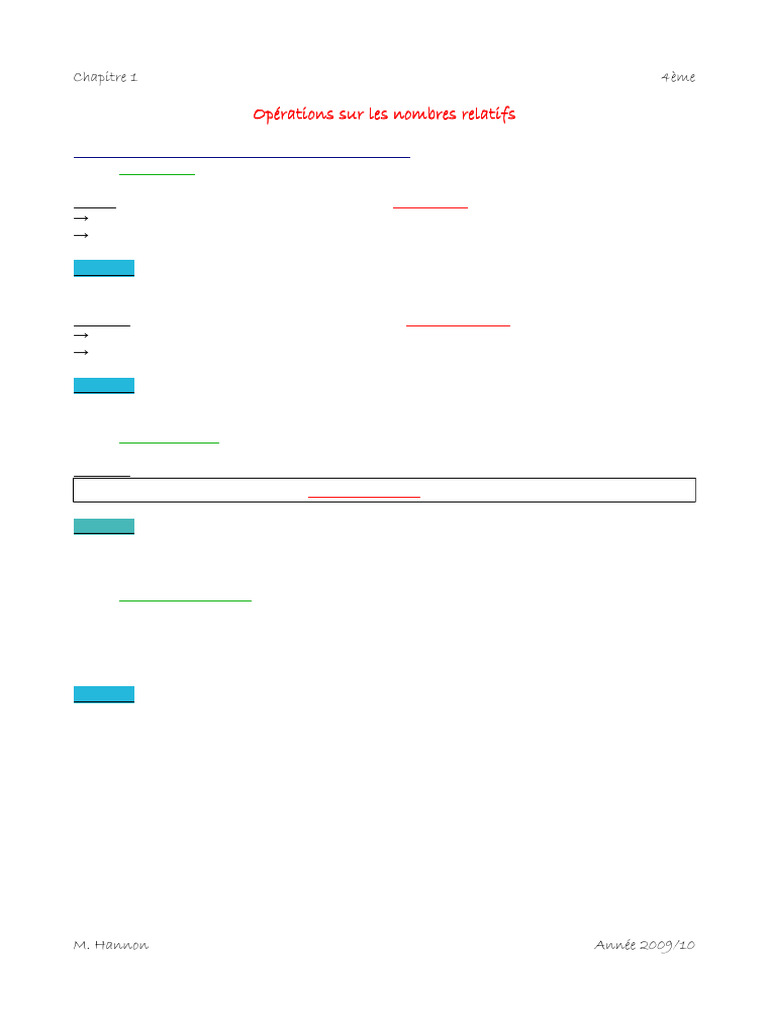4 - Chapitre 1 - Operations Sur Les Nombres Relatifs | PDF