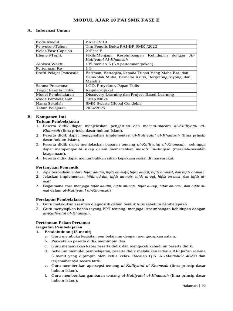 MODUL AJAR 10 PAI SMK KELAS X BAB 10 - Oke-Fin | PDF