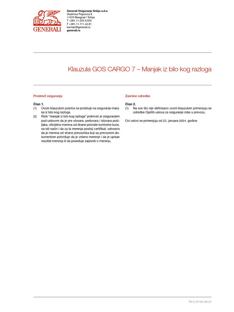 TN-U-07-KK-08-01 Klauzula GOS Cargo 7 - Manjak Iz Bilo Kog Razloga | PDF