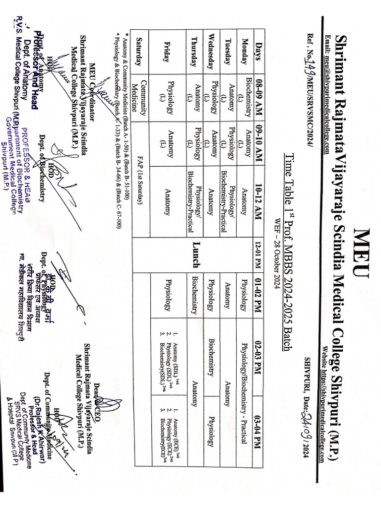1st Prof. Time Table MBBS Batch 2024-25 | PDF