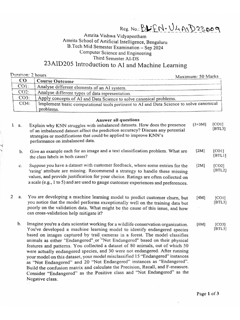 AIML Q Paper (Mid Sem) | PDF