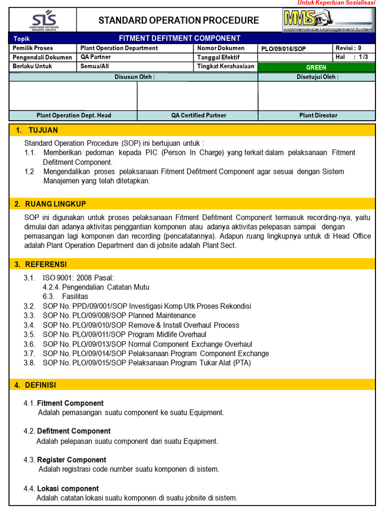 PLO 09 016 SOP Fitment Defitment Component | PDF