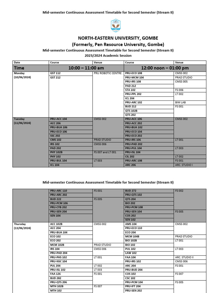 DRAFT - NEU - Mid-Semester - Continuous Assessment - Timetable - Stream II - Second Seme | PDF