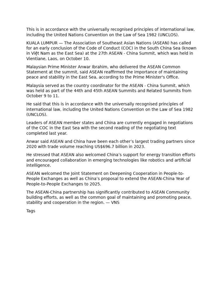 ASEAN Calls For Early Conclusion of Code of Conduct in East Sea | PDF