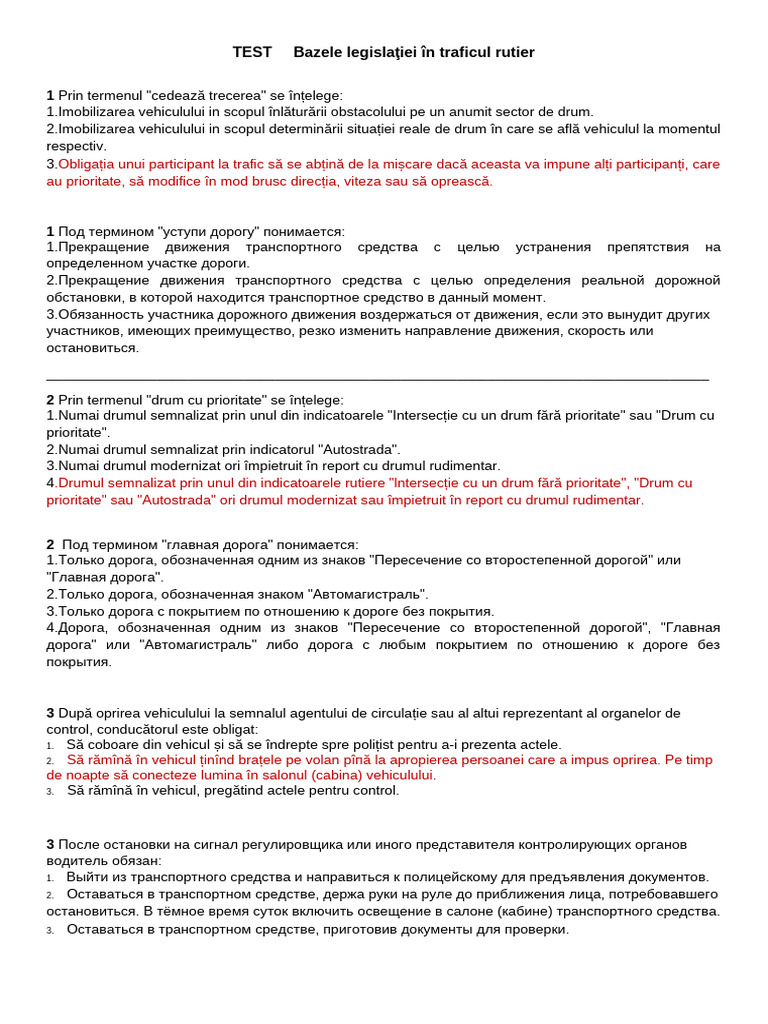 TEST Bazele Legislaţiei În Traficul Rutier | PDF