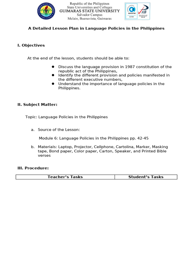 A Detailed Lesson Plan in Language Policies in The Philippines | PDF