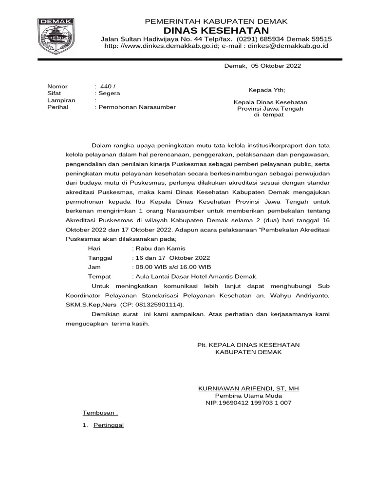 Surat Permohonan NARASUMBER Akreditasi PUSKESMAS | PDF