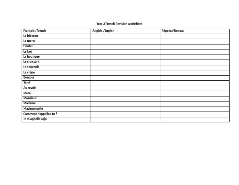 Year 3 French Revision Worksheet | PDF