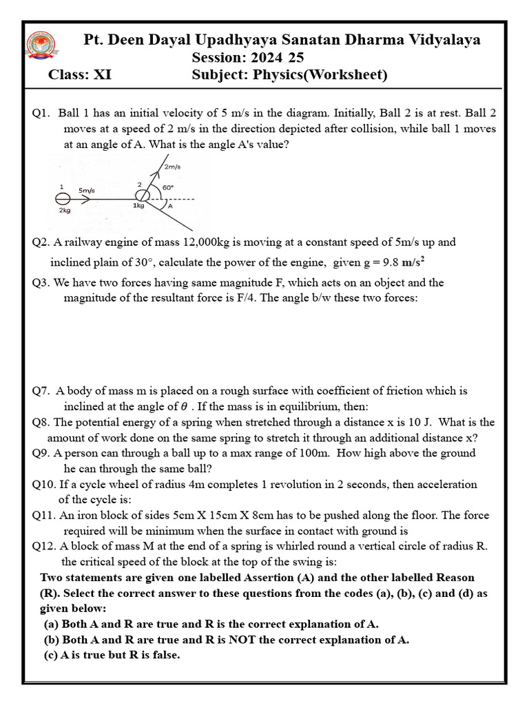 Physics (Worksheet) Class 11 | PDF | Force | Velocity
